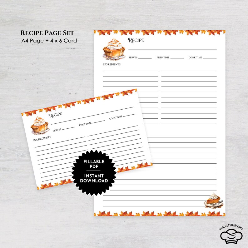 Printable A4 Recipe Page and Card Set With Pumpkin Pie Design, Fillable ...