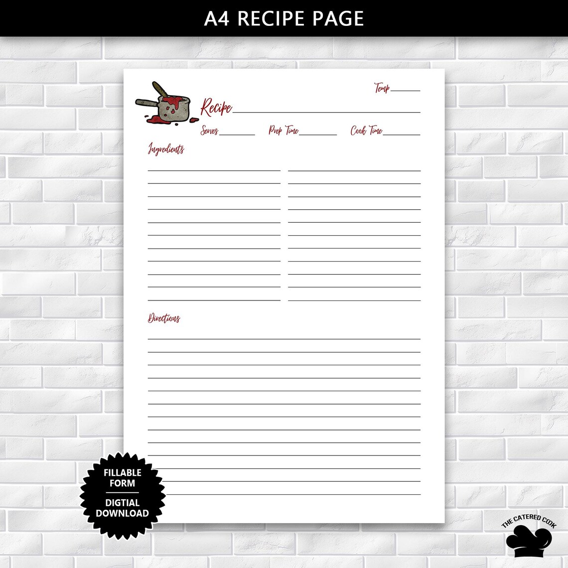 Printable A4 Recipe Page With Cooking Pot Design, Fillable Form Recipe ...