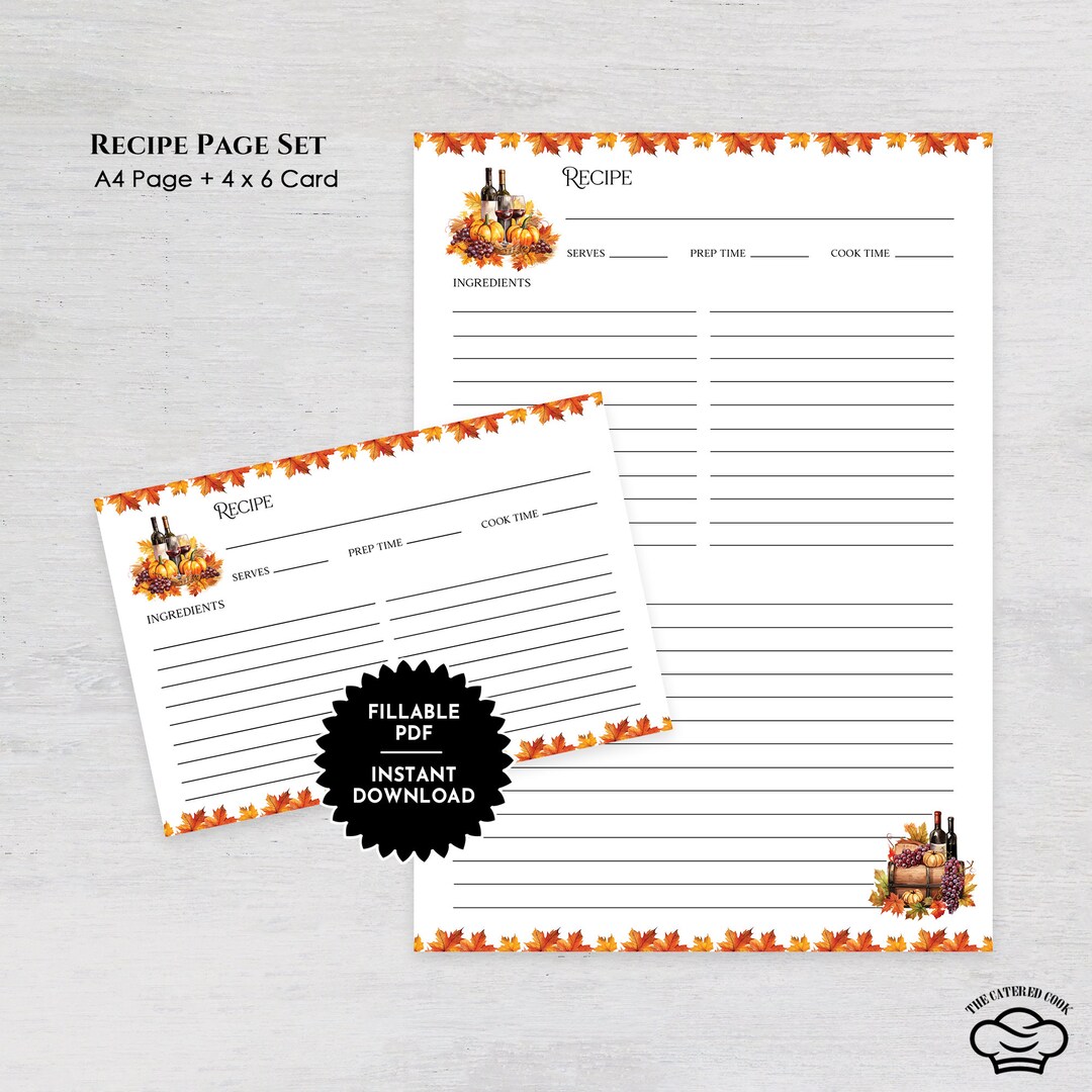 Printable A4 Recipe Page and Card Set With a Fall Wine Design, Fillable ...
