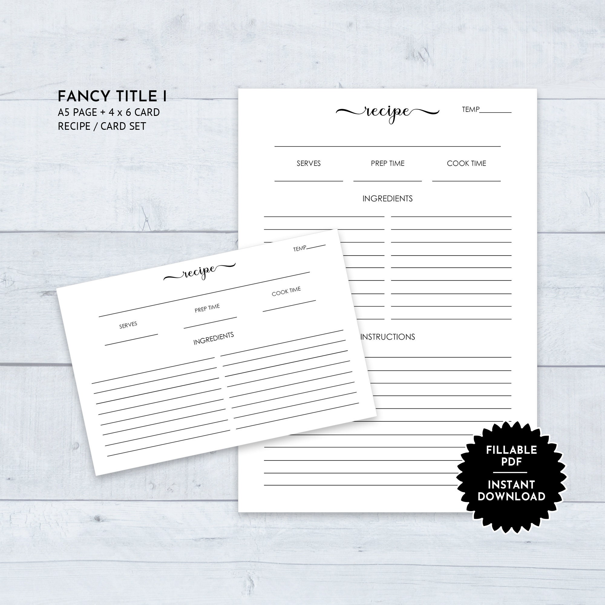 Printable A5 Size Recipe Page and Card Set With a Fancy Title - Etsy