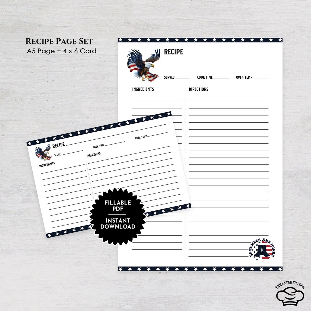 Printable A5 Recipe Page and Card Set With Memorial Day Design ...