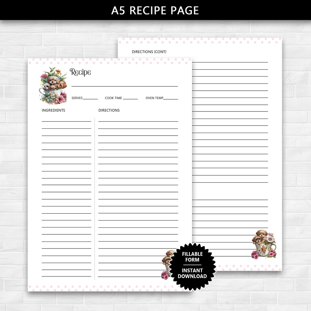 Printable A5 Recipe Page With Teacup Puppies, Fillable Form Recipe Page ...