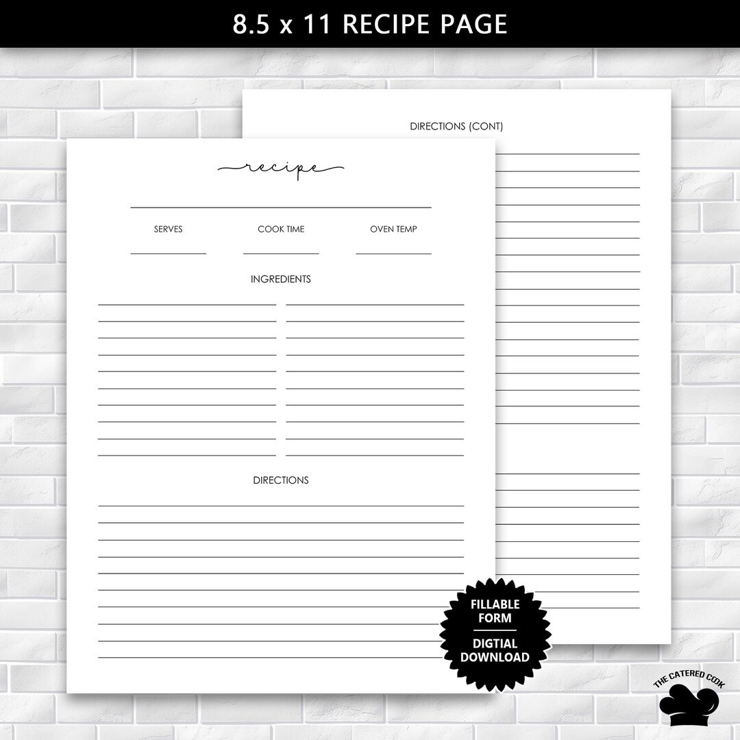 Printable 8.5 X 11 Recipe Page With a Fancy Style Title, Fillable ...