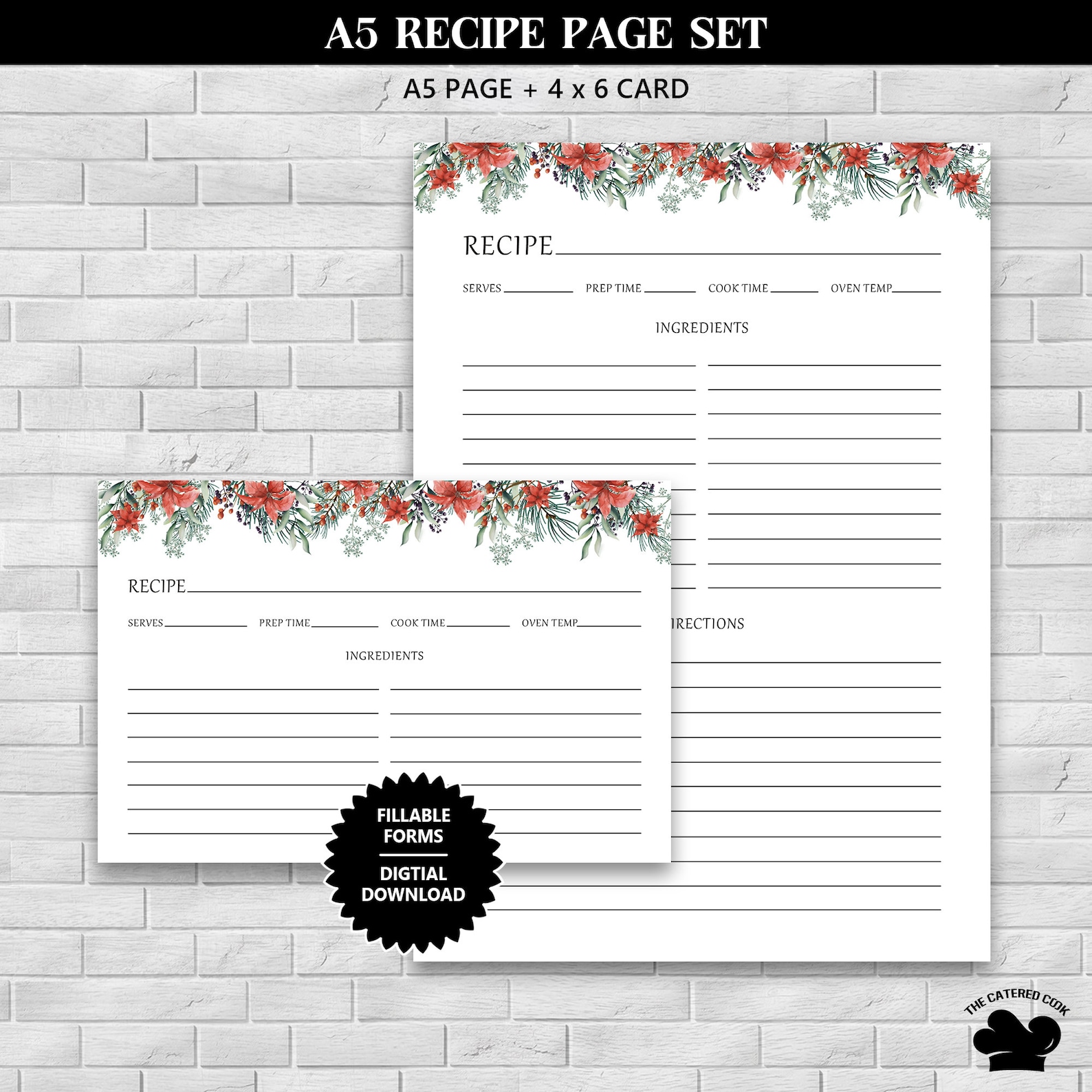 Printable A5 Recipe Page and Card Set With Red Floral Header, Fillable ...