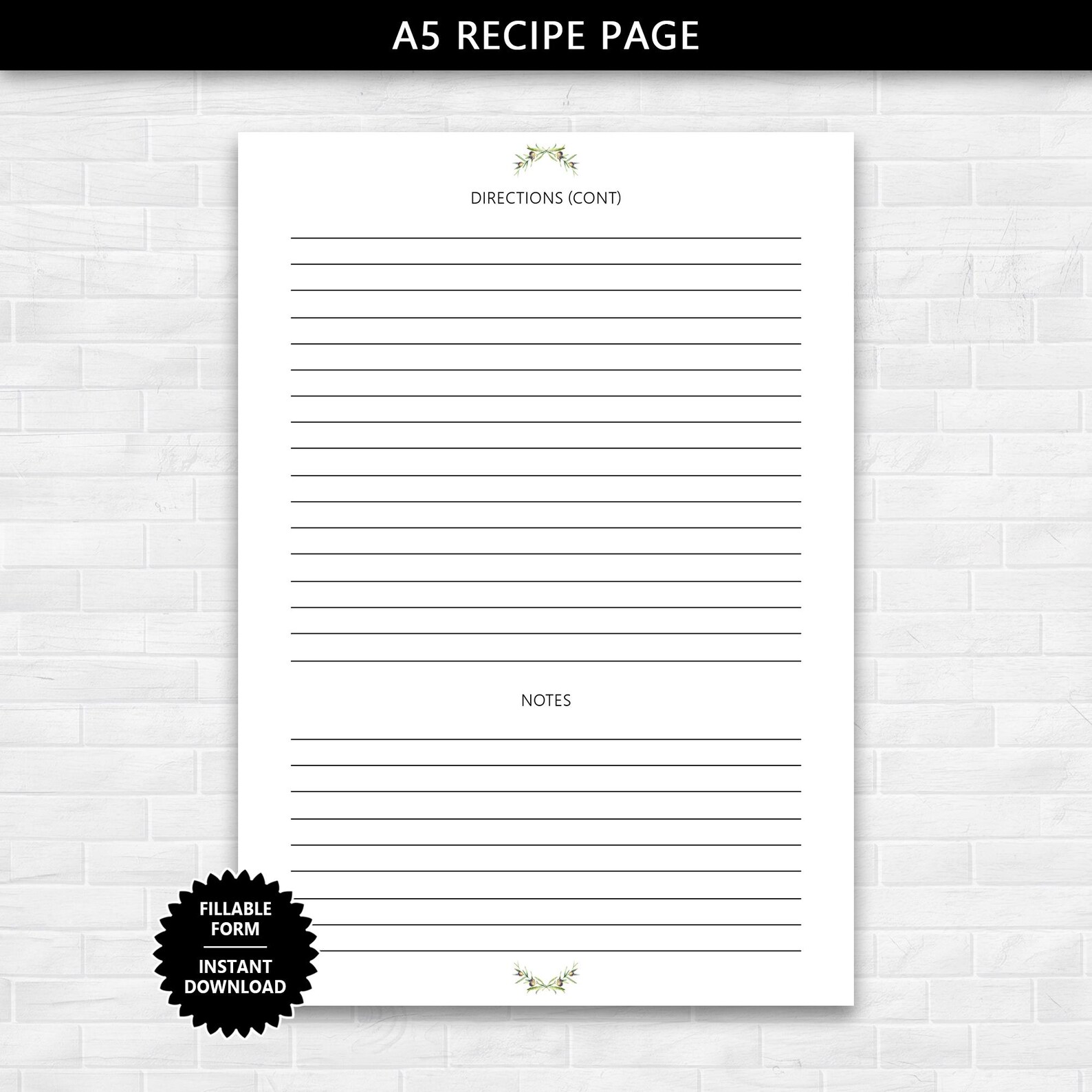 Printable A5 Recipe Page With Olive Tree Design, Fillable Recipe Page ...