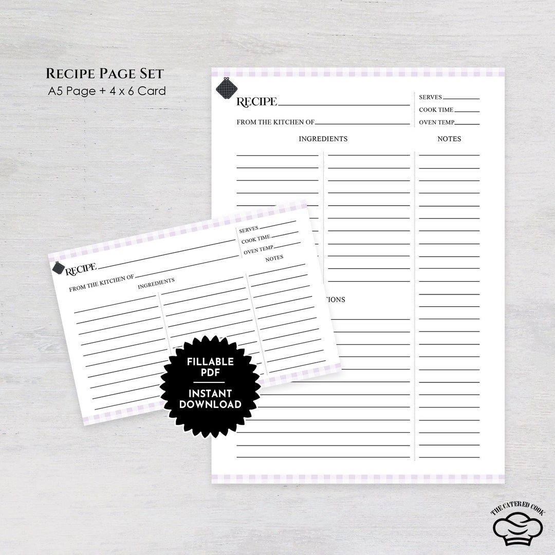 Printable A5 Recipe Page and Card Set With Purple Gingham Border ...