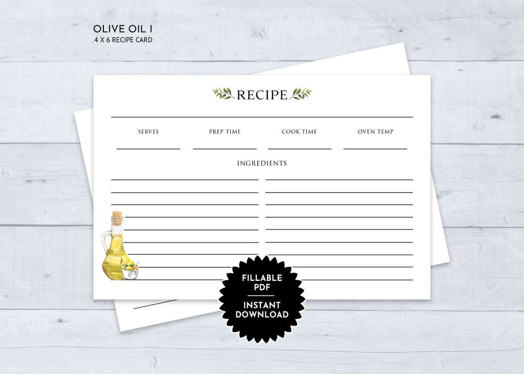Printable 4 X 6 Recipe Card With Olive Oil Design Fillable - Etsy