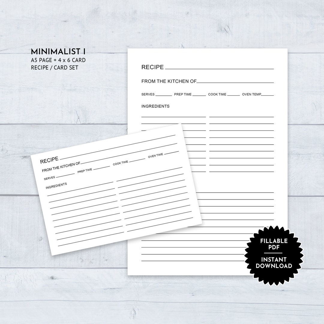 Printable A5 Recipe Page and Card Set With Minimalist I - Etsy