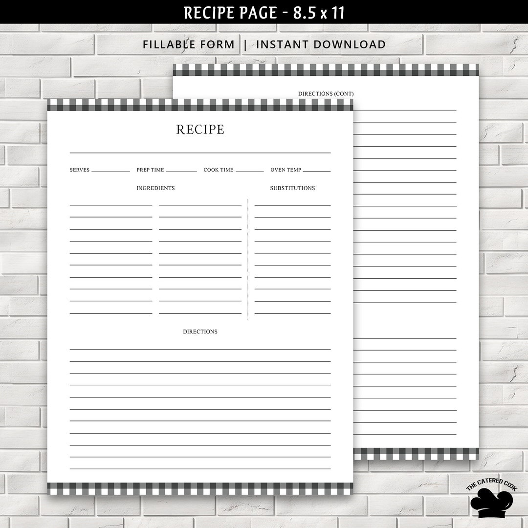 Printable 8.5 X 11 Recipe Page With Gingham Border, Fillable Recipe ...