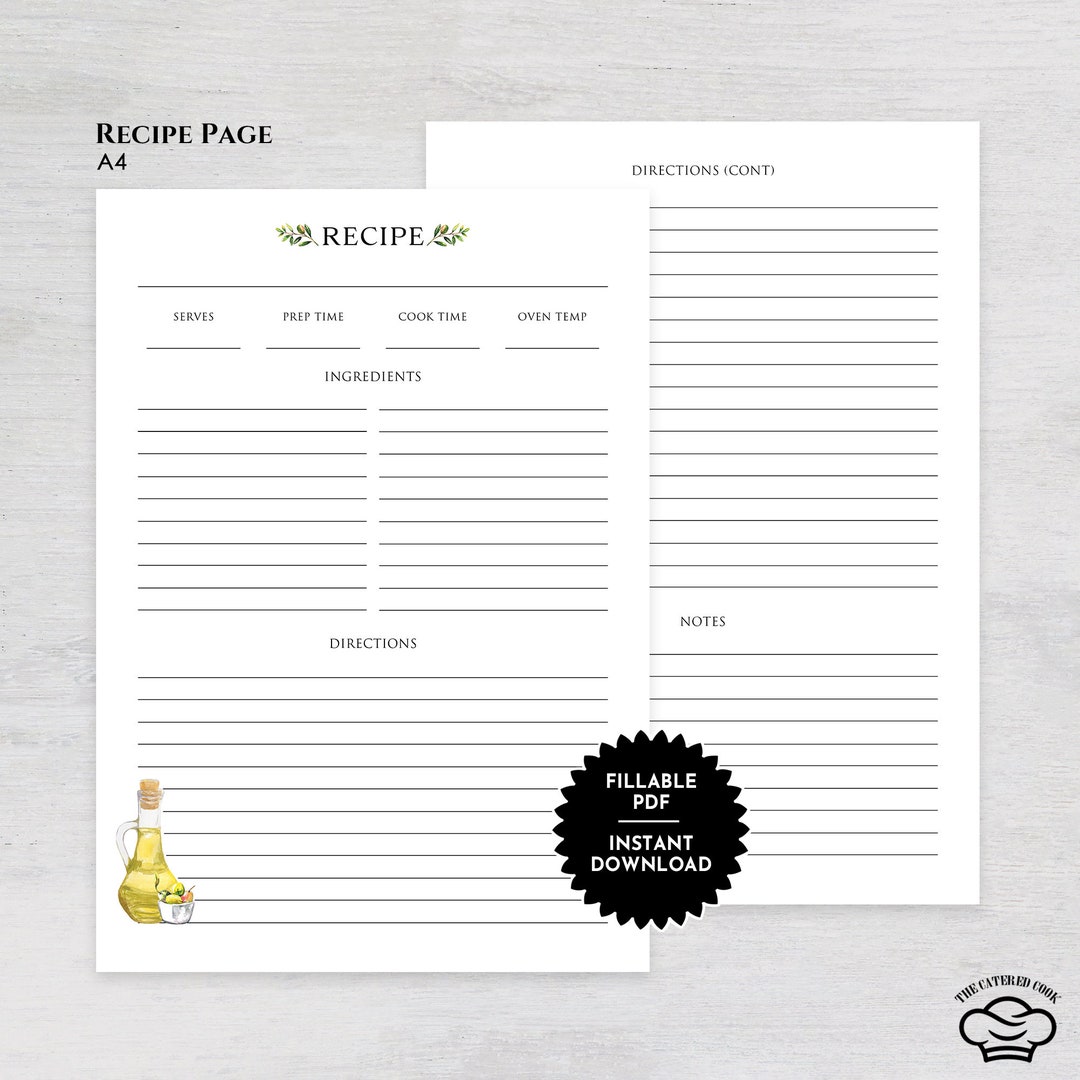Printable A4 Recipe Page With Olive Oil Design, Fillable A4 Recipe Page ...