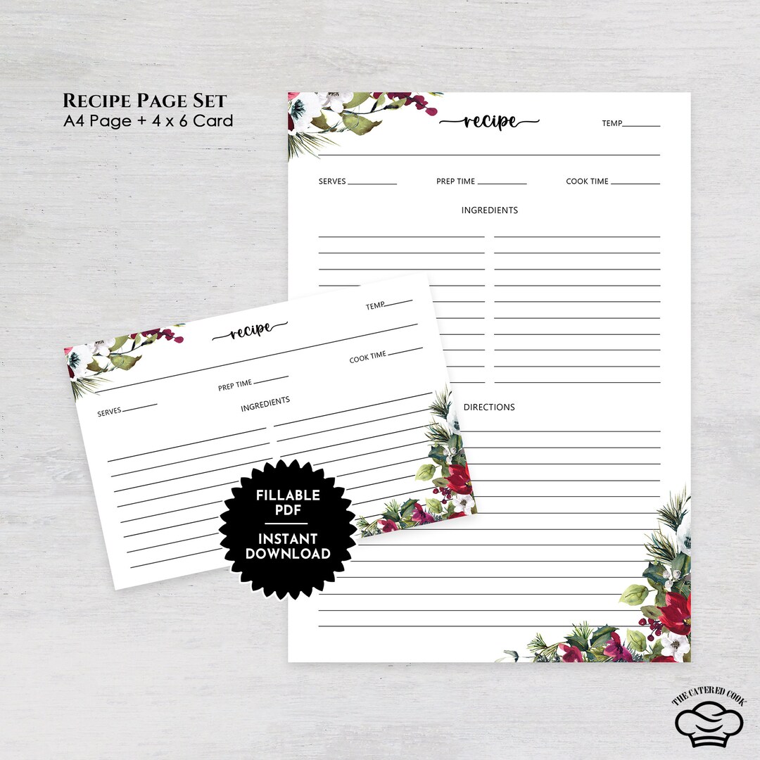 Printable A4 Recipe Page and Card Set With Red Flower Corners - Etsy