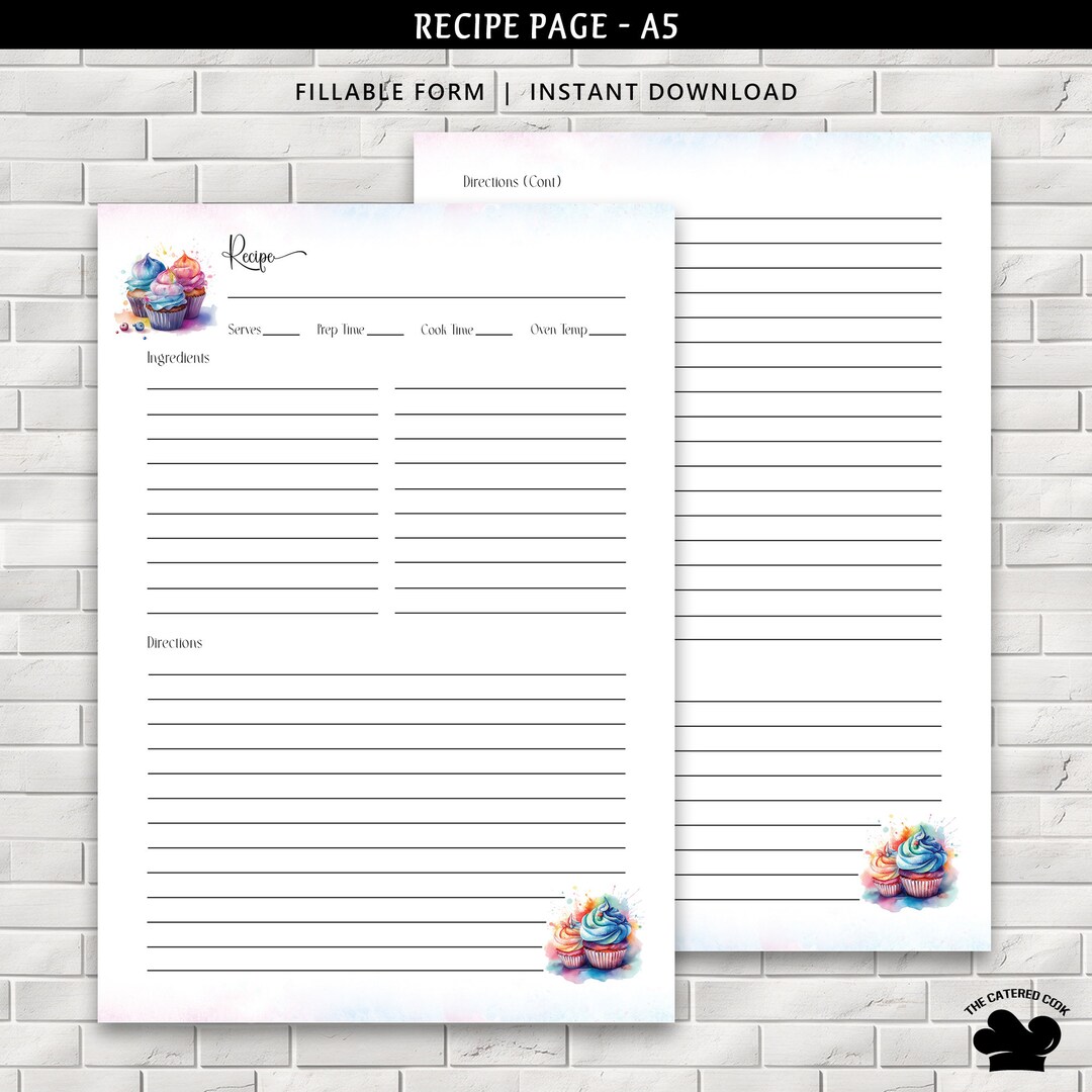 Printable A5 Recipe Page With Rainbow Frosted Cupcakes, Fillable Recipe ...