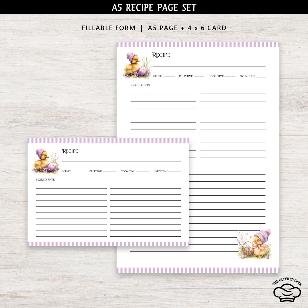Printable A5 Recipe Page and Card Set With Easter Duckling Theme ...