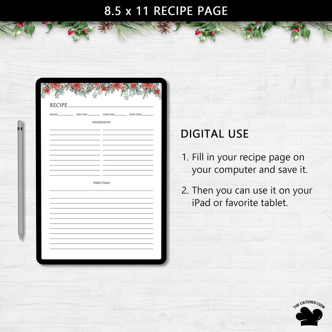Printable 8.5 X 11 Recipe Page With Red Floral Header, Fillable 8.5 X ...