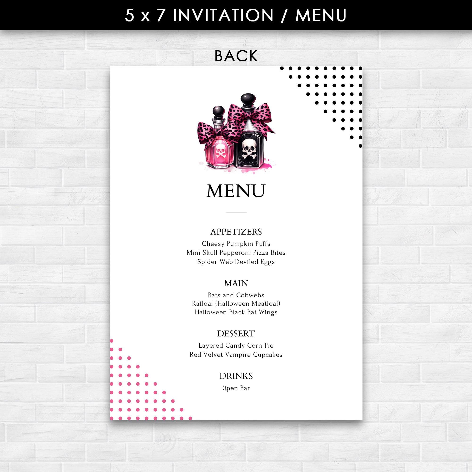 Editable Canva Halloween Pink Witch Invitation Menu Template, Printable ...