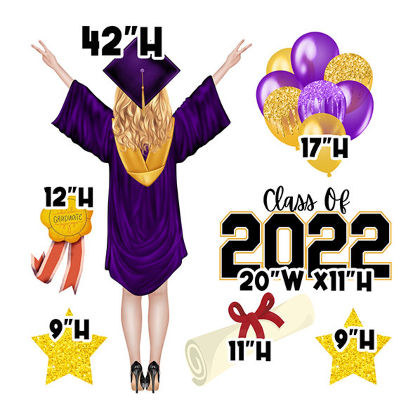 Purple Gold Graduation Cap and Gown Light Hair Light Skin Yard Cards ...