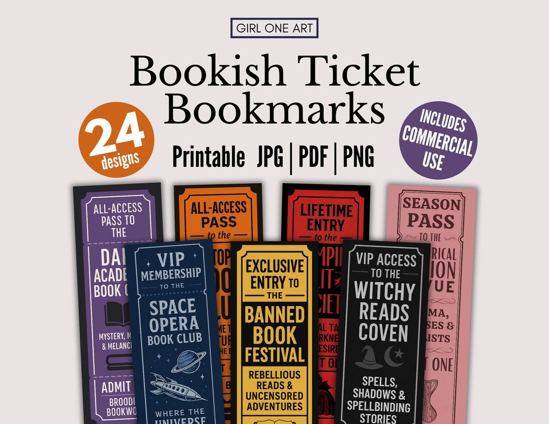 Bookish Ticket Printable Bookmarks Bundle: Reader Gift (PDF/JPG/PNG ...