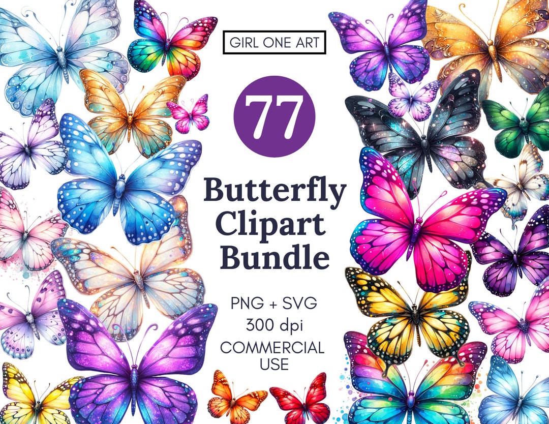 Watercolor Butterfly Clipart Bundle PNG SVG Colorful Lilac Pink Purple ...