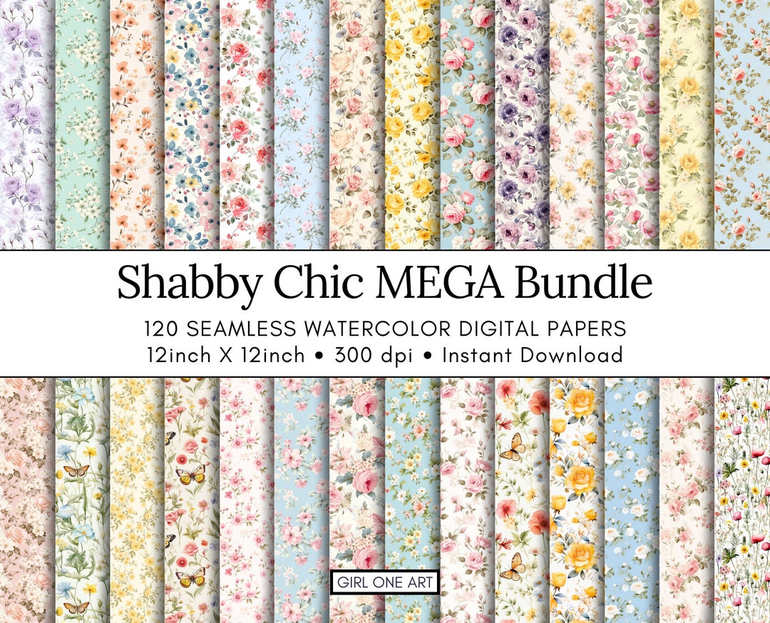 Shabby Chic Floral Digital Paper Mega Bundle: Watercolor Cottagecore ...