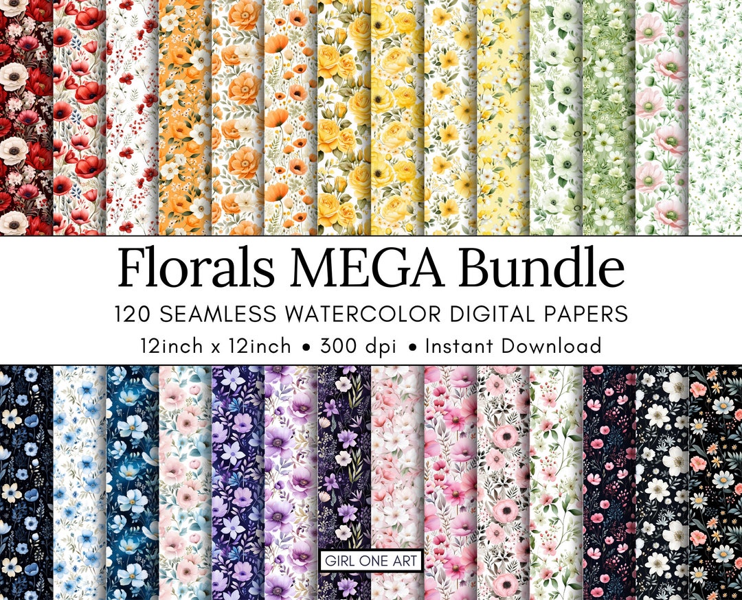 Watercolor Floral Seamless Paper Bundle Shabby Chic Digital Patterns ...