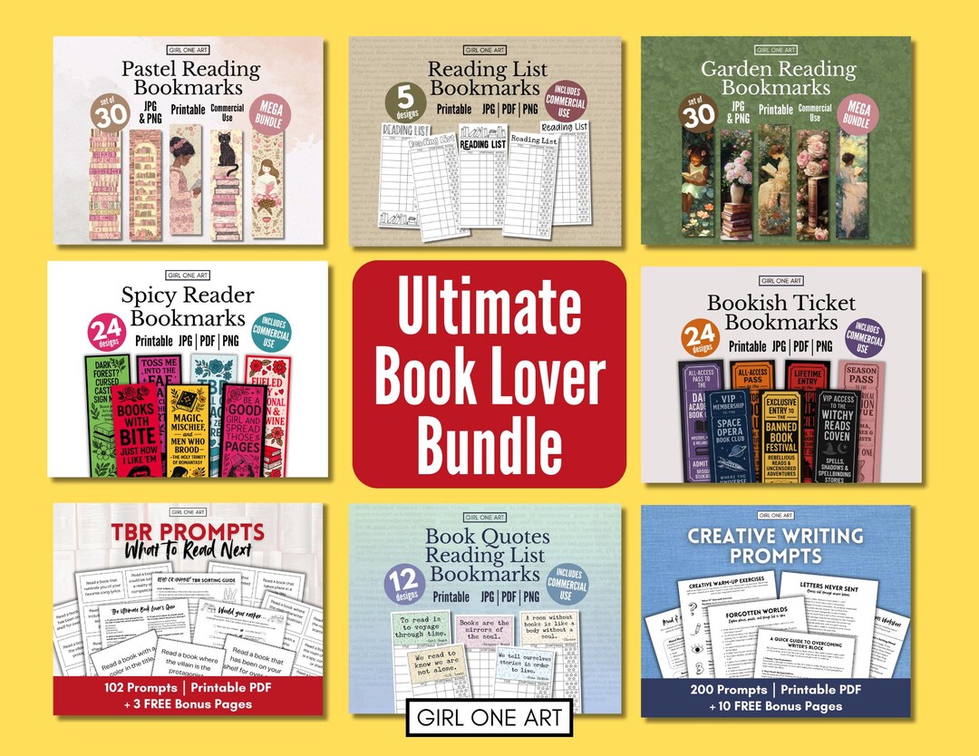 Book Lover Digital Bundle: Bookmarks, Tracker, Journal Prompts, TBR ...