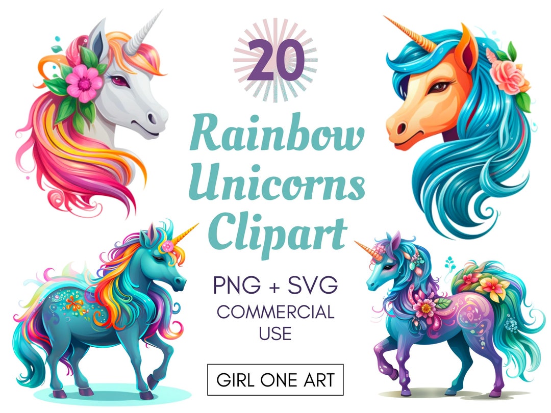 Rainbow Unicorns Clipart, PNG & SVG Bundle, Commercial Use, Party ...