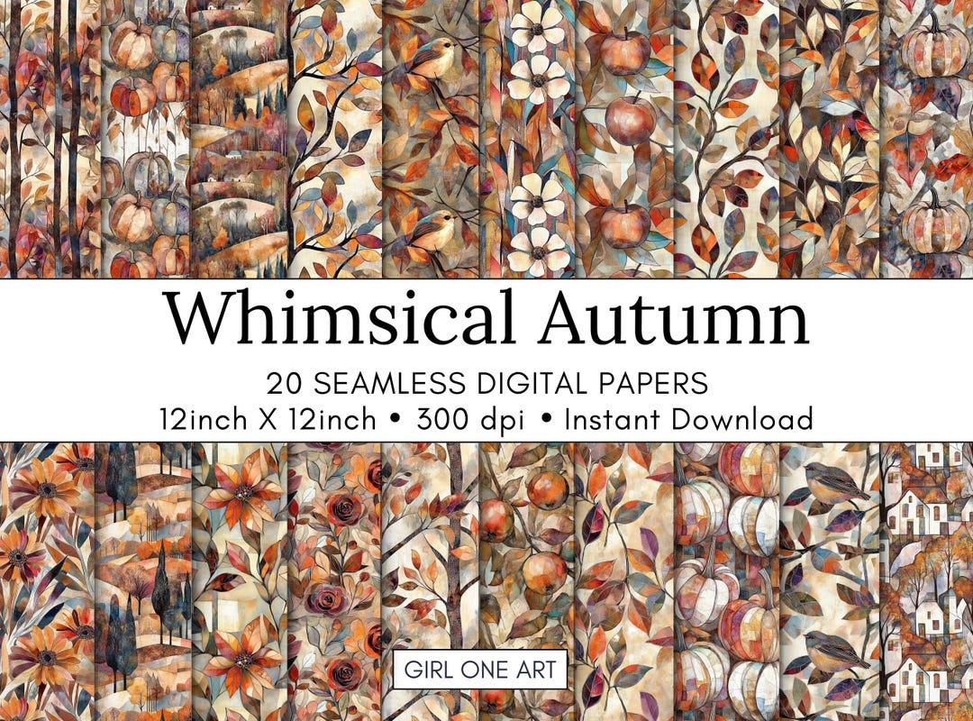 Whimsical Autumn Seamless Paper: Woodland Fall Leaves Patterns (digital ...
