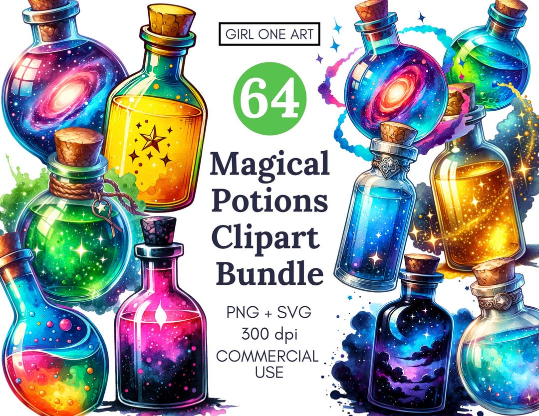 Magic Potions Clipart Bundle: Watercolor Bottles, Fantasy Art (PNG ...