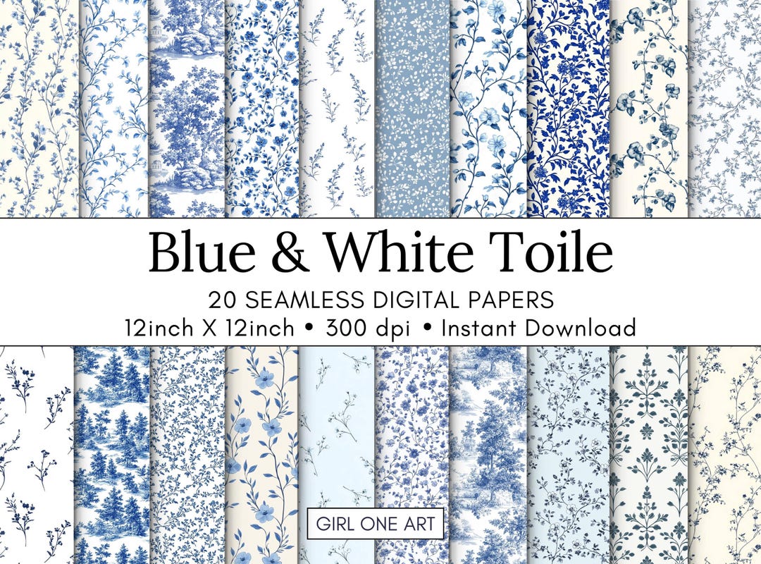 Blue & White Toile Seamless Digital Paper Shabby Chic French Toile De ...