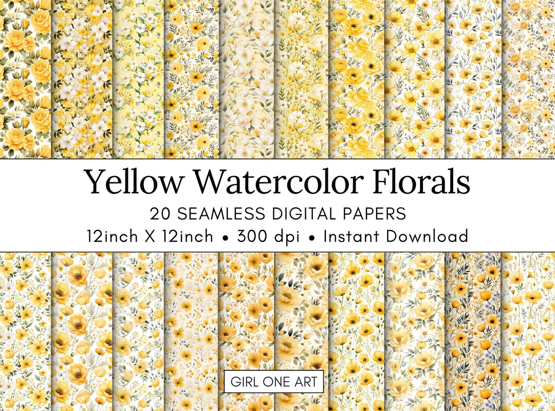 Yellow Watercolor Floral Printable Paper Seamless Shabby Chic Instant ...