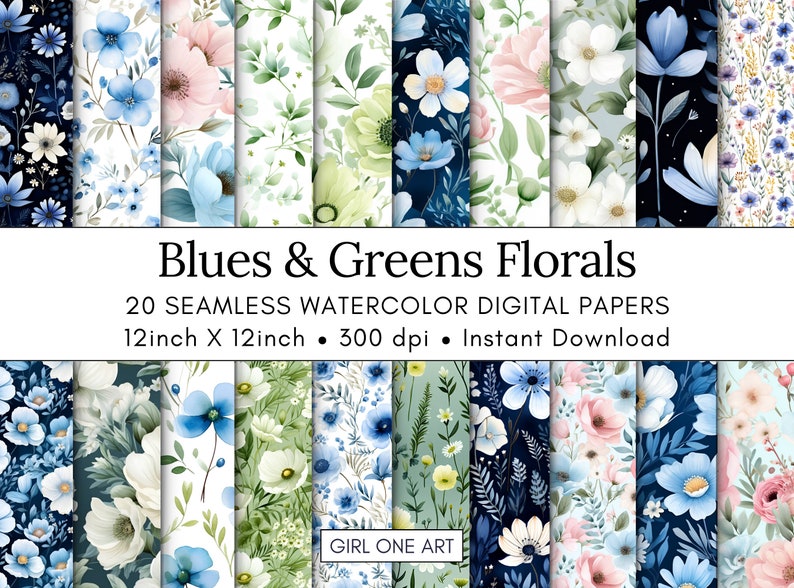 Blues & Greens Watercolor Paper Seamless Shabby Chic Digital Floral ...