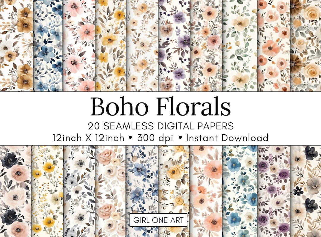 Boho Florals Printable Paper Seamless Shabby Chic Neutral Pastels ...
