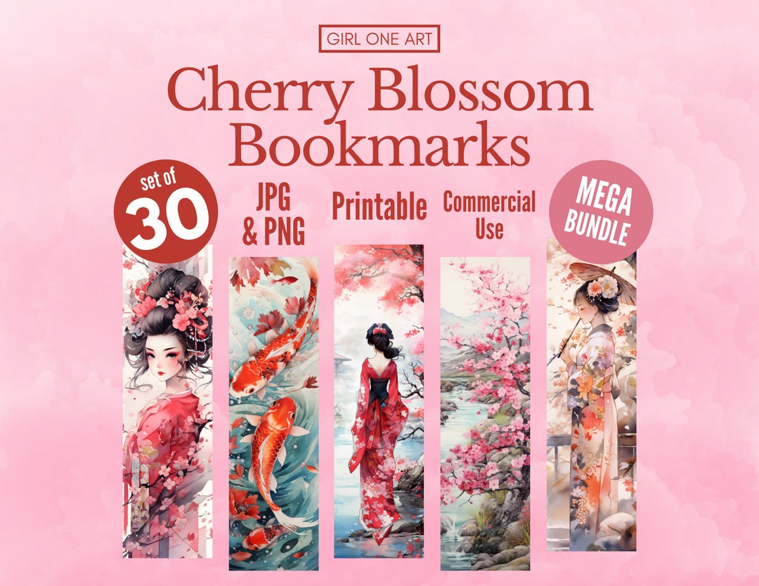 Japanese Cherry Blossom Printable Bookmarks Bundle Digital PNG JPG ...