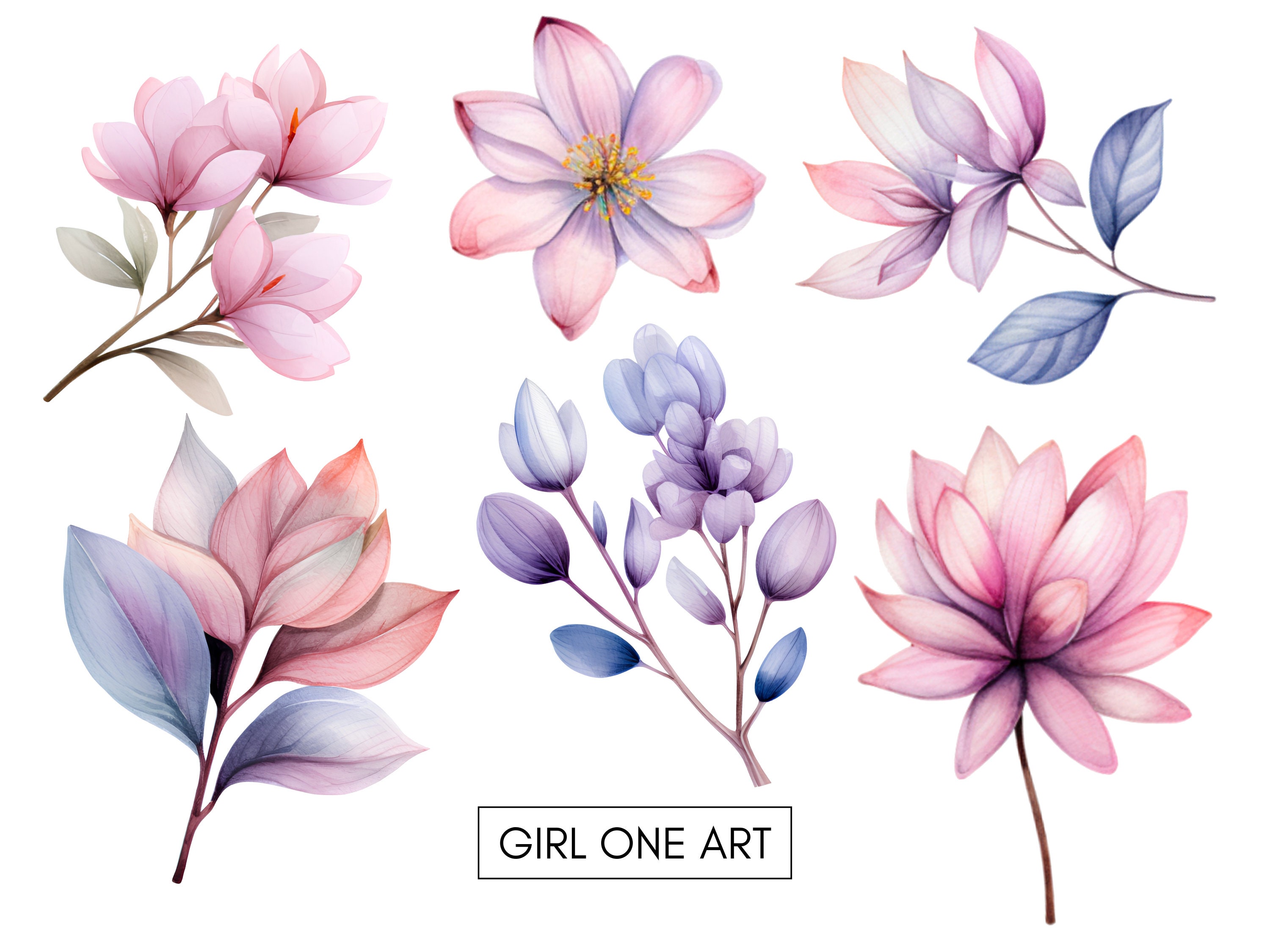Watercolor Flowers Leaves Botanical Clipart PNG SVG Bundle - Etsy