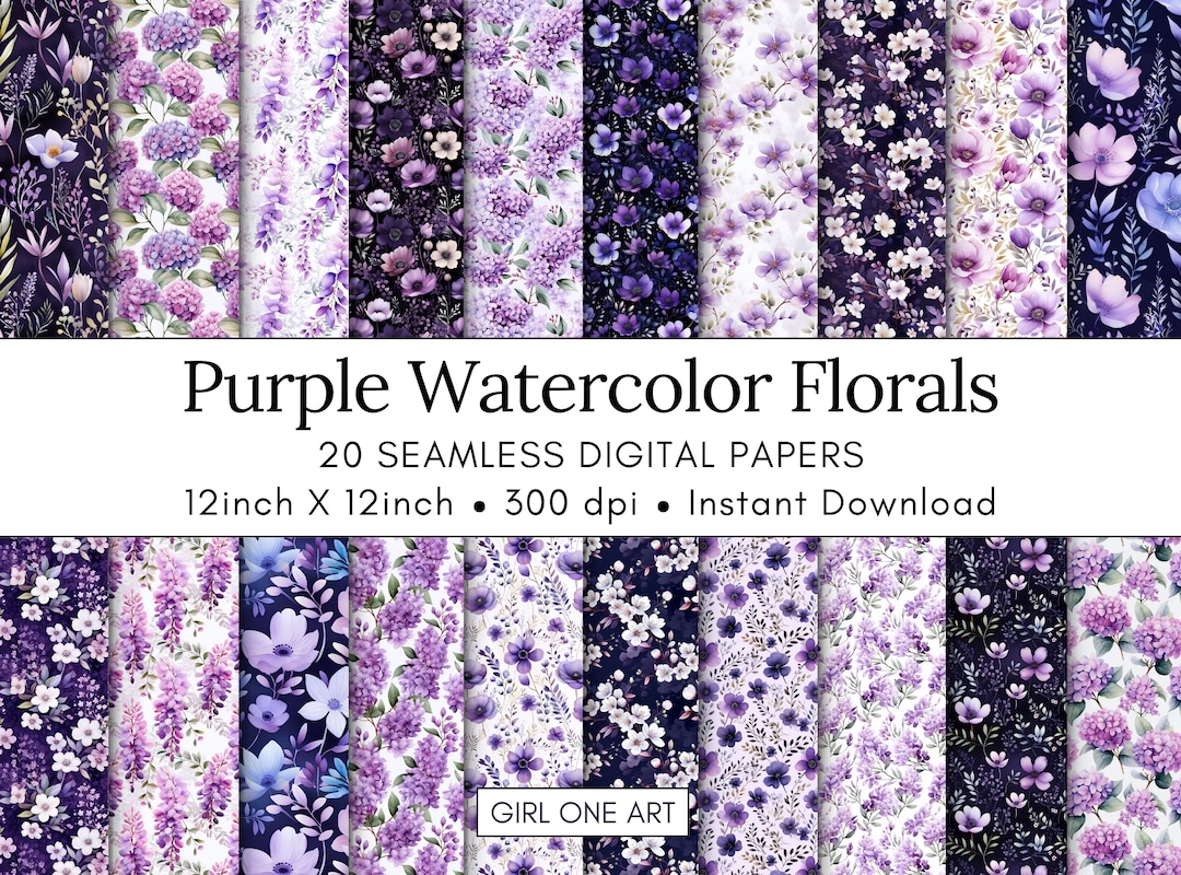 Purple Watercolor Floral Printable Paper Seamless Shabby Chic Instant ...