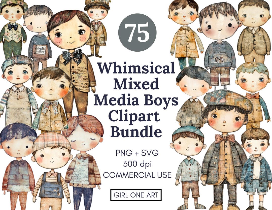 Whimsical Boys Clipart Set: Mixed Media Art (PNG, SVG) - Etsy