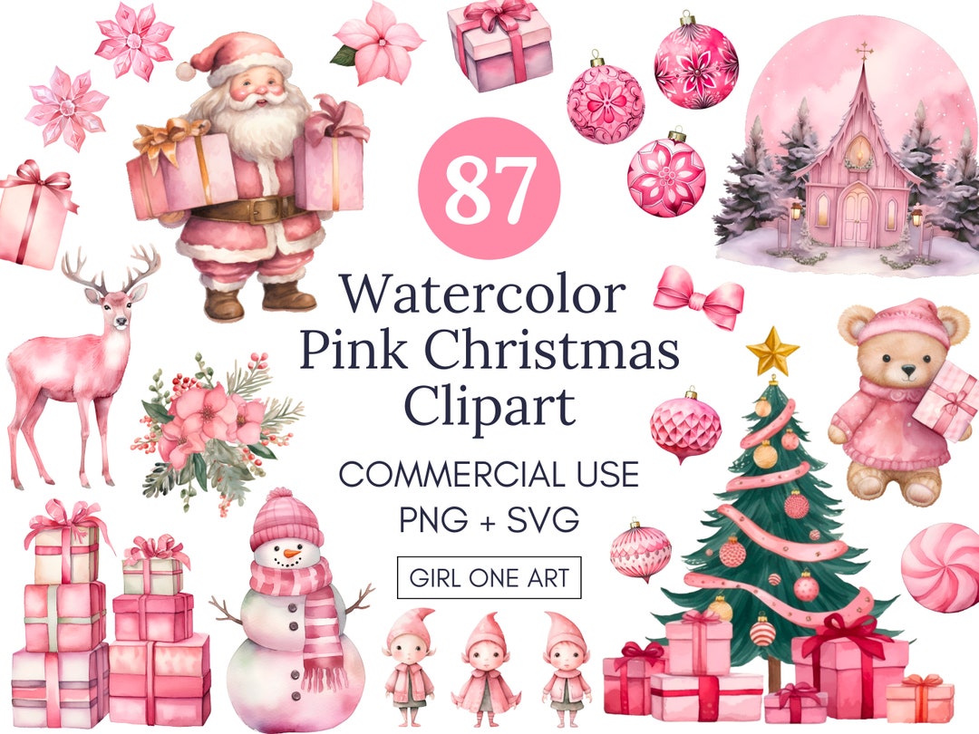 Watercolor Pink Christmas Clipart Bundle PNG SVG Commercial Use Digital ...