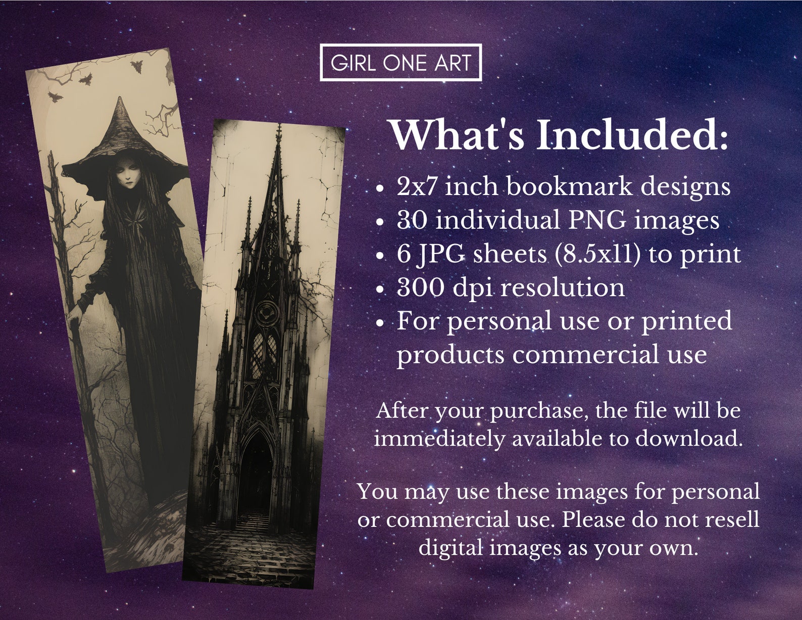 Gothic Witch Printable Bookmarks Bundle Digital Download PNG JPG ...