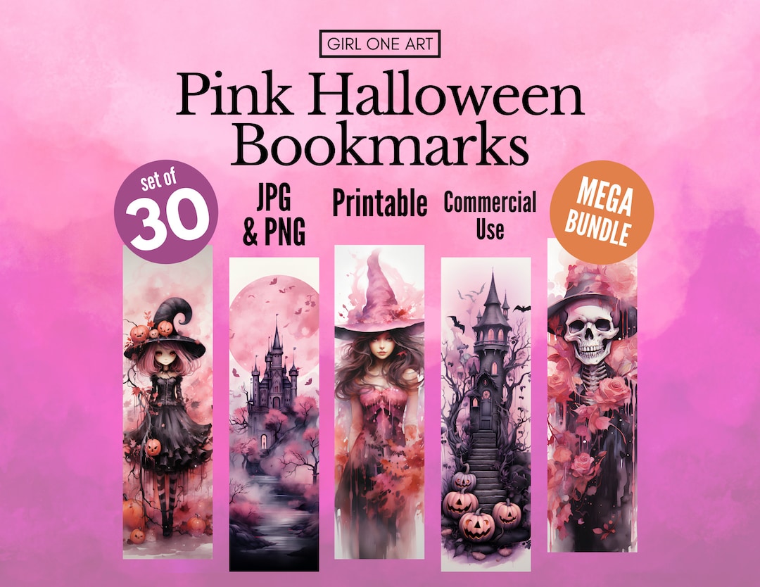 Pink Halloween Printable Bookmarks Bundle Spooky Witches Haunted Houses ...