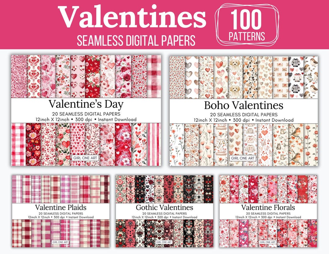 Valentines Seamless Paper Mega Bundle: Boho, Gothic, Floral (digital ...