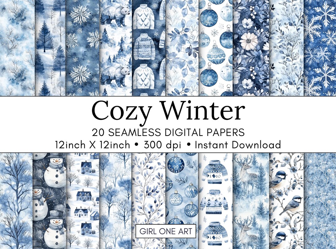 Cozy Winter Seamless Paper: Blue Christmas, Snowflakes, Woodland ...