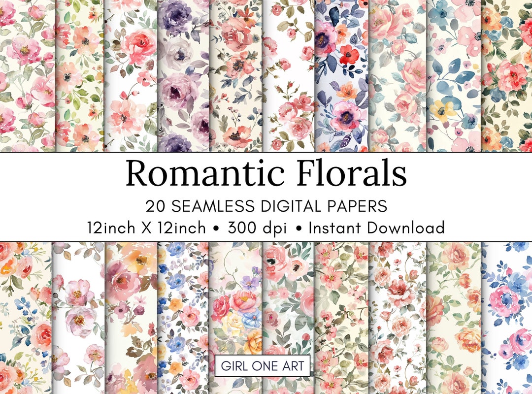 20 Romantic Florals Printable Paper Seamless Shabby Chic Digital ...