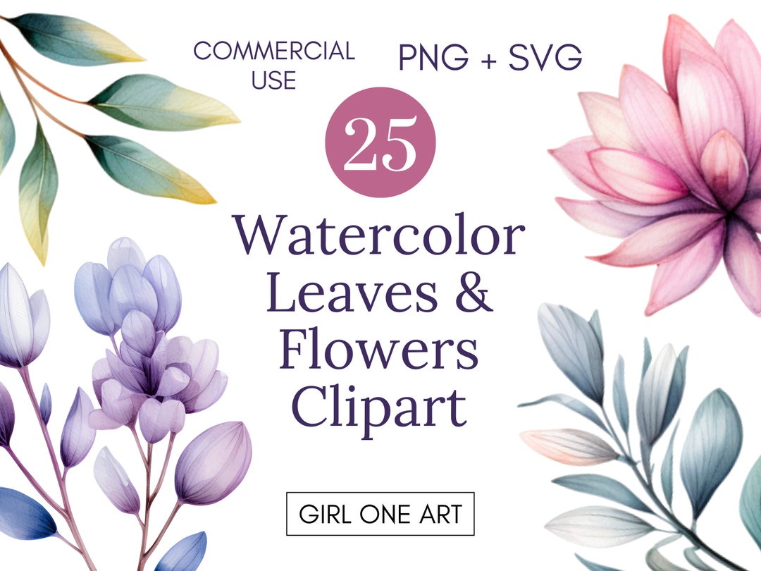 Watercolor Flowers Leaves Botanical Clipart, PNG SVG Bundle, Commercial ...
