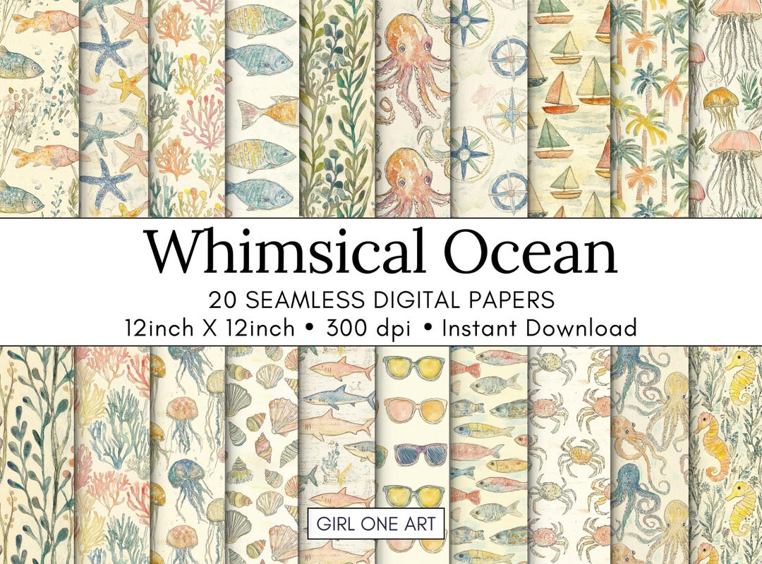 Whimsical Ocean Paper: Seamless Watercolor Beach Scrapbook (digital ...