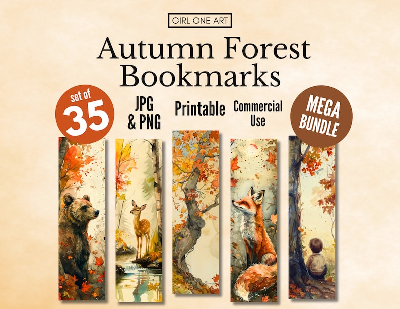 Autumn Forest Printable Bookmarks Bundle Downloadable PNG JPG Fall ...