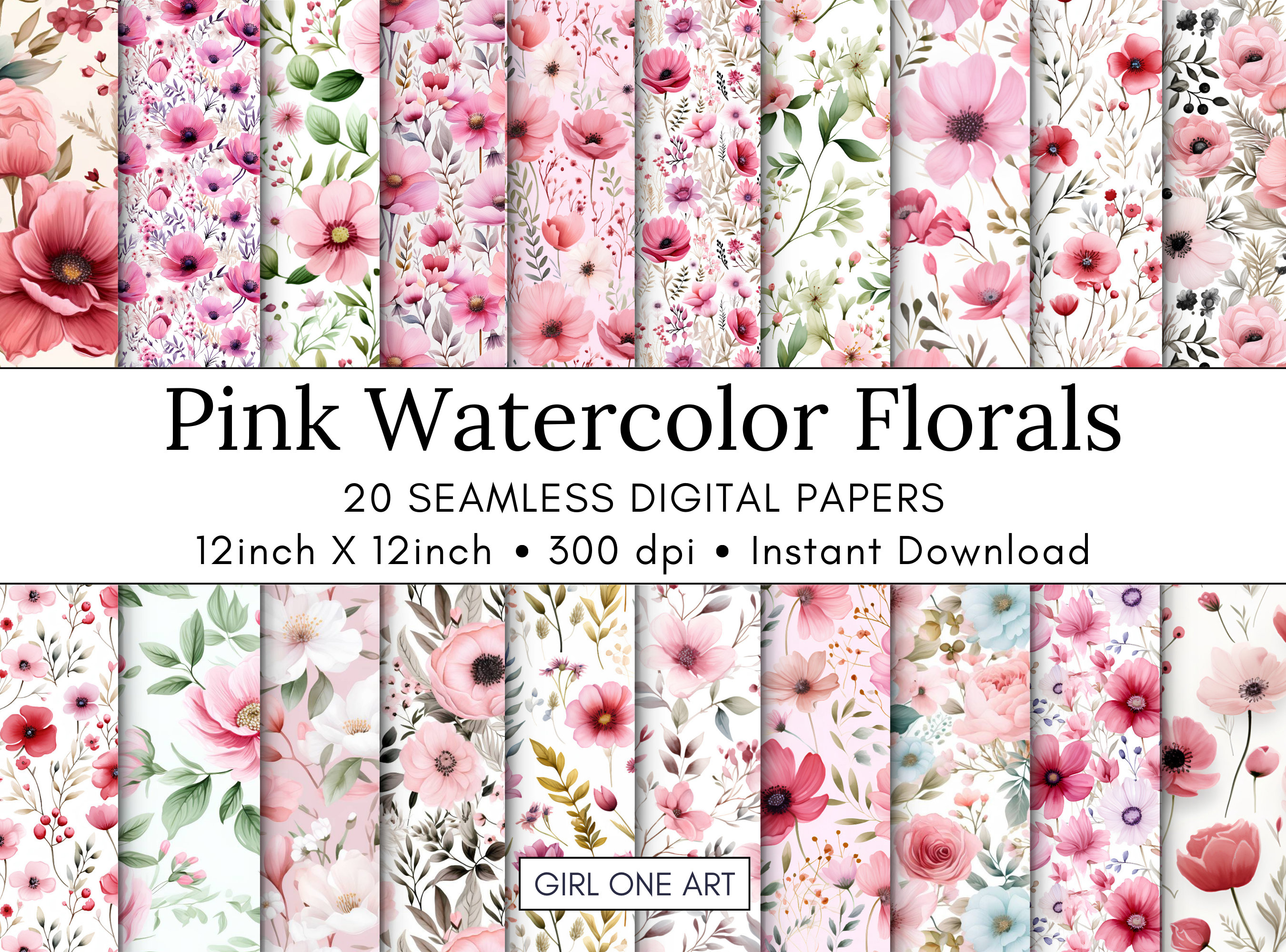 Pink Watercolor Floral Printable Paper Seamless JPG Shabby Chic Digital ...