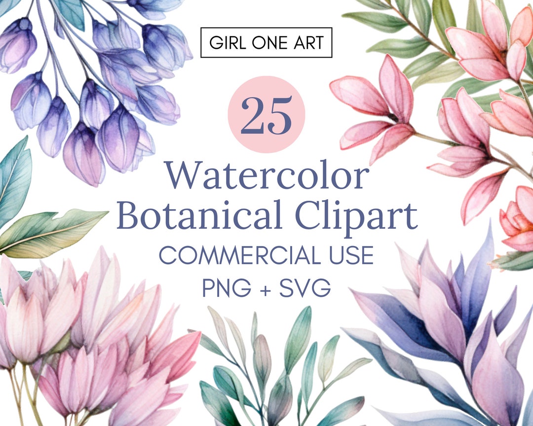 Floral Watercolor Clipart, PNG and SVG Bundle, Commercial Use Included ...