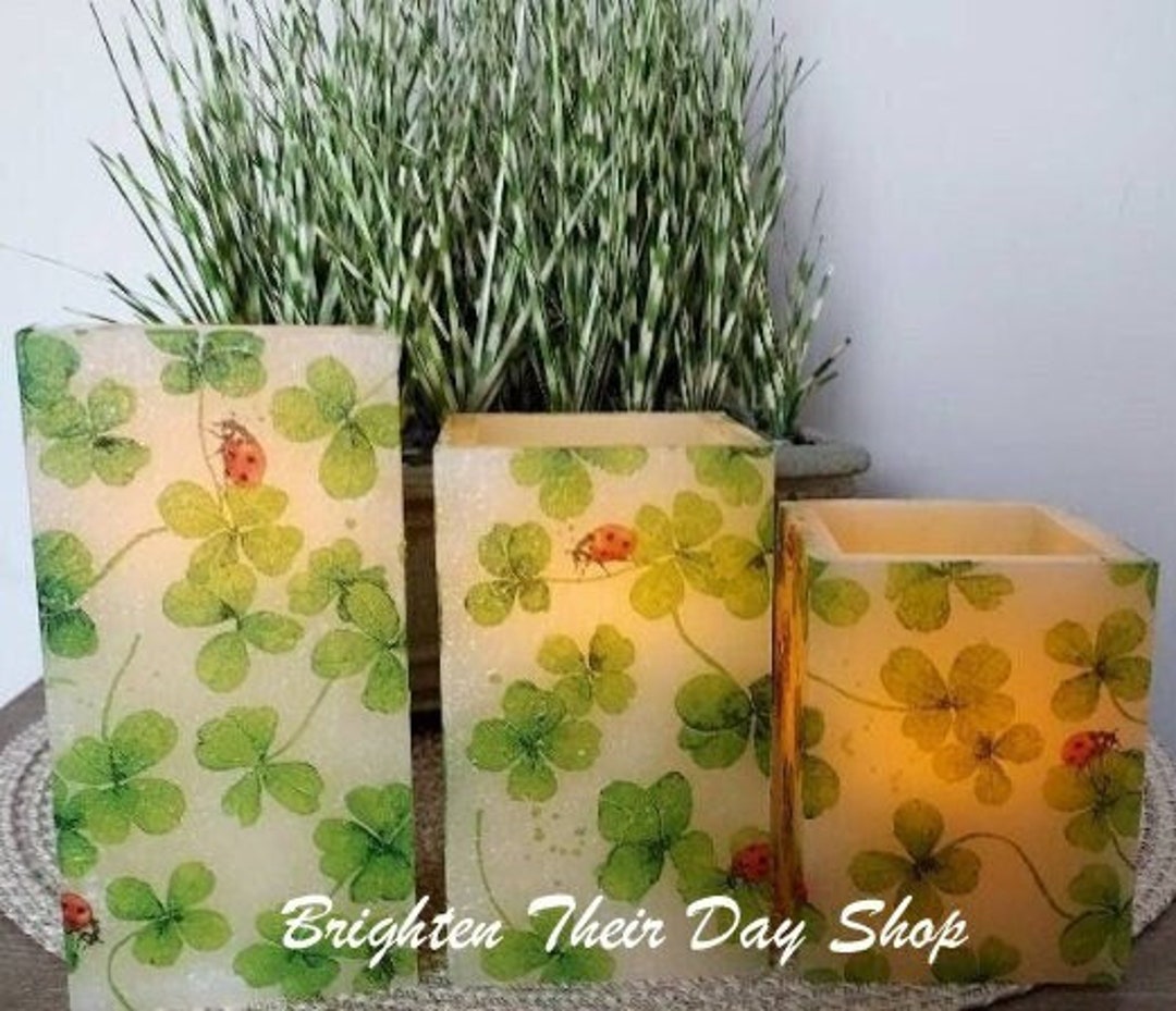 CLOVER LADYBUG Square Flameless Candle Set, 4 Leaf Clover Candle Set ...