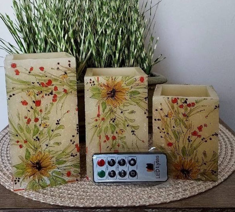 SUNFLOWER Square Flameless Candle Set W/remote Sunflower - Etsy