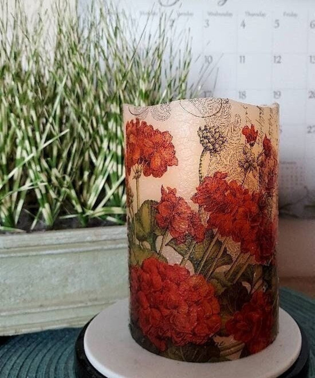 GERANIUM FLAMELESS CANDLE W/timer, Geranium Candle, Geranium Decoration ...